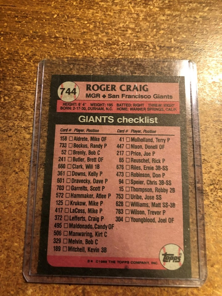 1989 Topps Baseball # 744 Roger Craig Giants Manager/Checklist Unused ...