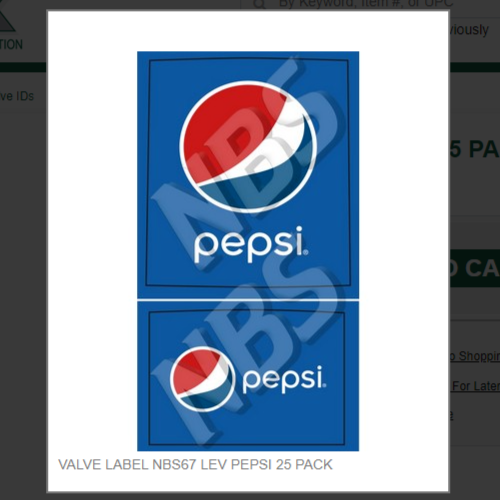 VALVE LABEL NBS67 LEV PEPSI 25 PACK # VI01671404A | eBay