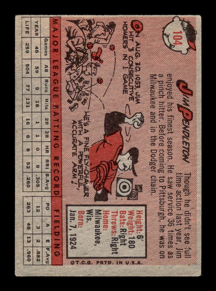 1958 Topps Baseball #104 Jim Pendleton Very Good Pittsburgh Pirates | eBay