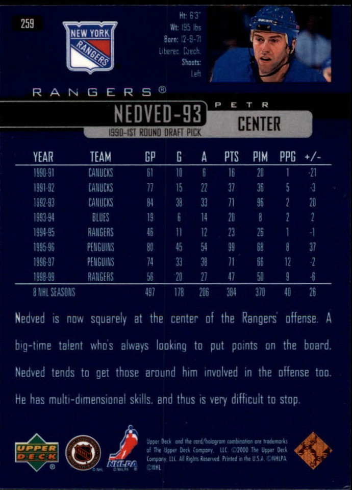1999-00 Upper Deck Rangers Hockey Card #259 Petr Nedved | eBay