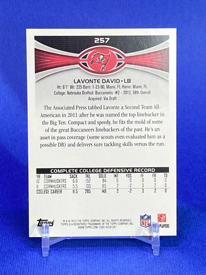 2012 Topps #257 LAVONTE DAVID RC Tampa Bay Buccaneers Rookie | eBay