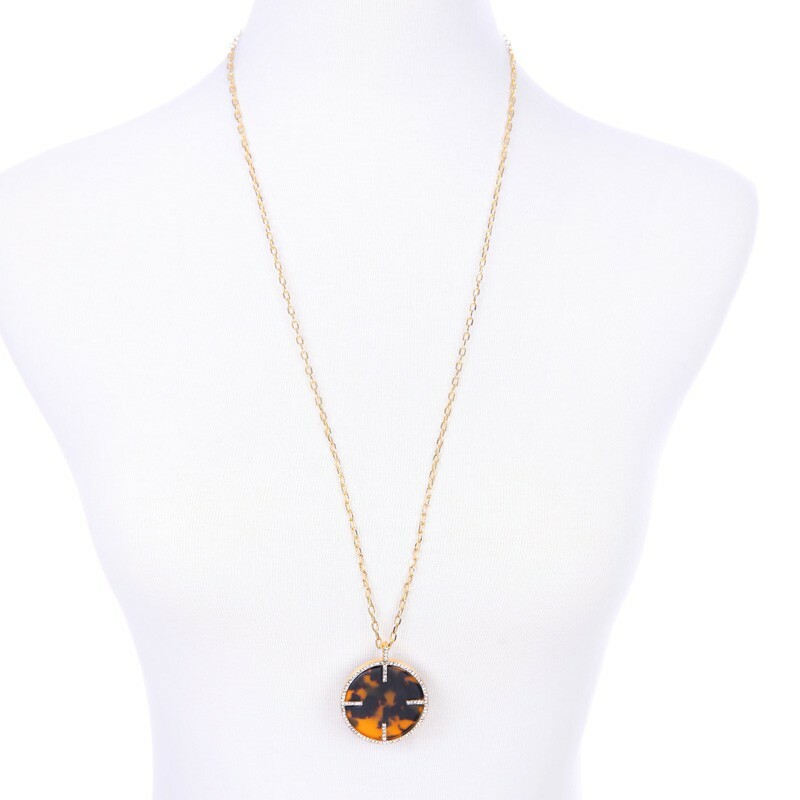 NEW Faux Tortoise Shell Pendant Necklace Pave Cubic Zirconia 29.5" Long ...