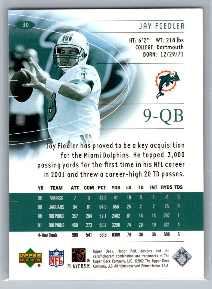 2002 UPPER DECK HONOR ROLL CARD # 30 Jay Fiedler - Miami Dolphins | eBay