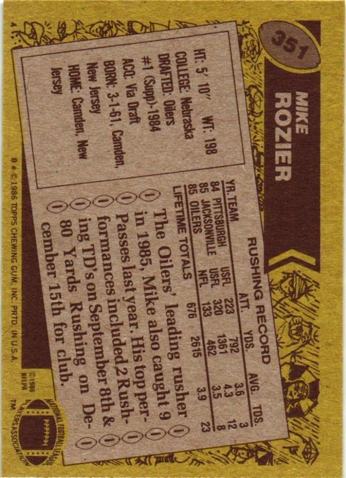 MIKE ROZIER 1986 Topps Football #351 $1 Items MUST Buy 2 to Qualify ...