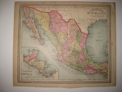 RARE ANTIQUE 1885 MEXICO CENTRAL AMERICA LUBRECHT HANDCOLORED MAP ...