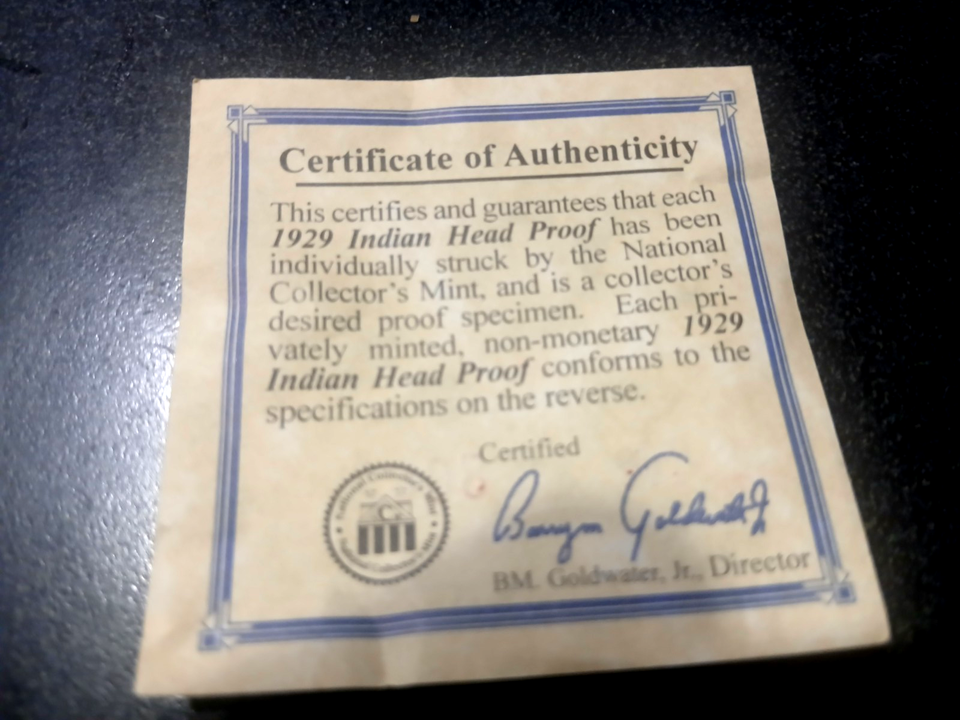 National Collector’s Mint 1929 Indian Head Tribute PROOF COA COPY ...