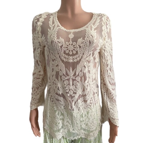 Y2K Beige Floral Crochet Tunic Top L/S Peasant Gypsy Fairycore M boho ...