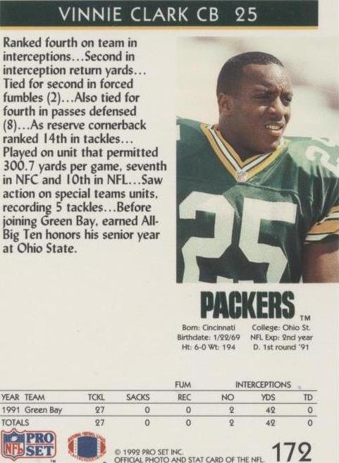 1992 Pro Set Vinnie Clark #172 for sale | eBay