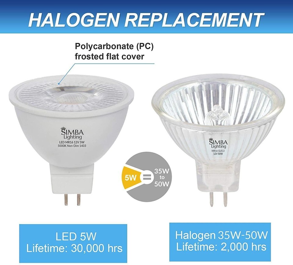 [6 Pack] LED MR16 5W 12V 35W 50W Halogen Replacement Bulbs GU5.3 Bi-Pin ...