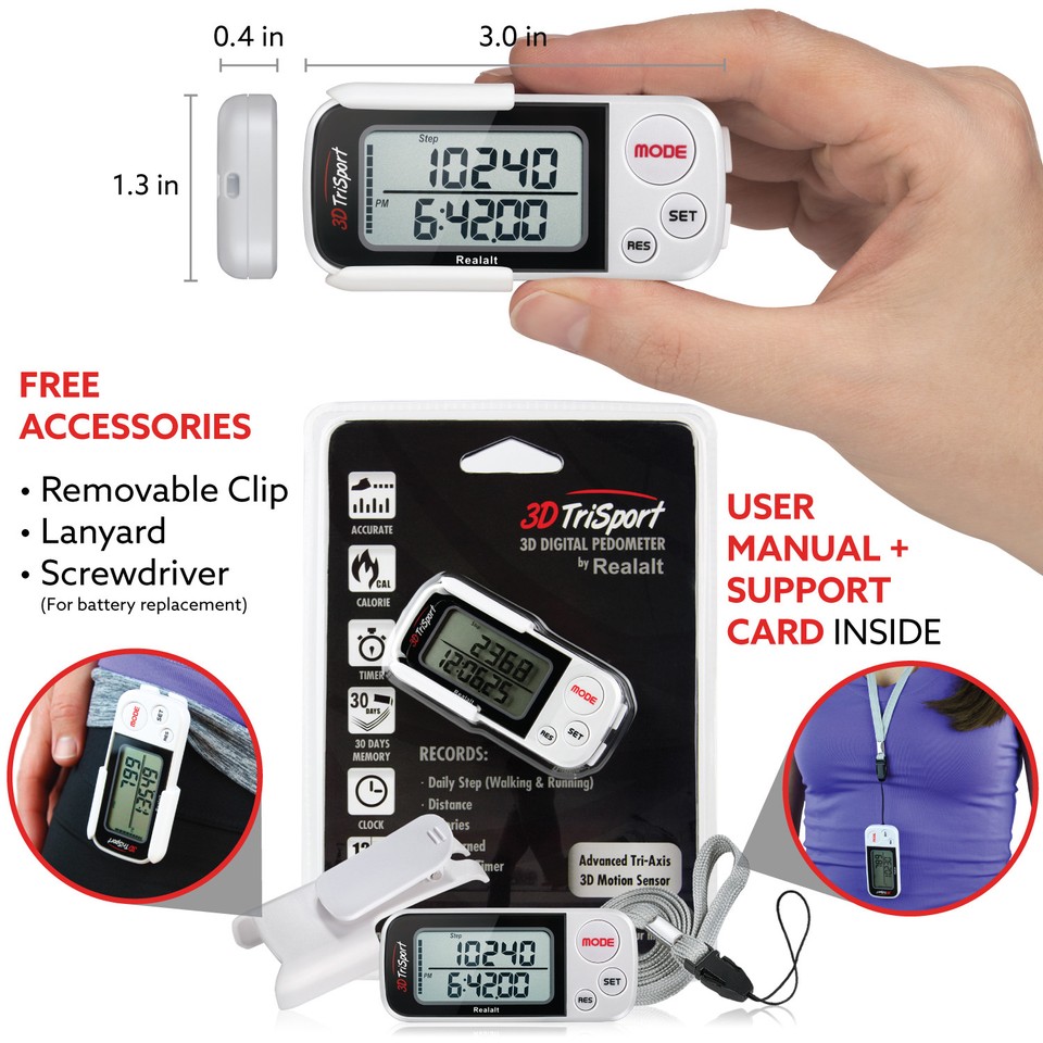 3DTriSport Supreme Quality Walking 3D Pedometer by Realalt with Clip ...
