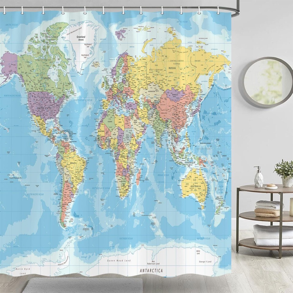 Map Shower Curtain World Map Shower Curtain Fabric Geography ...