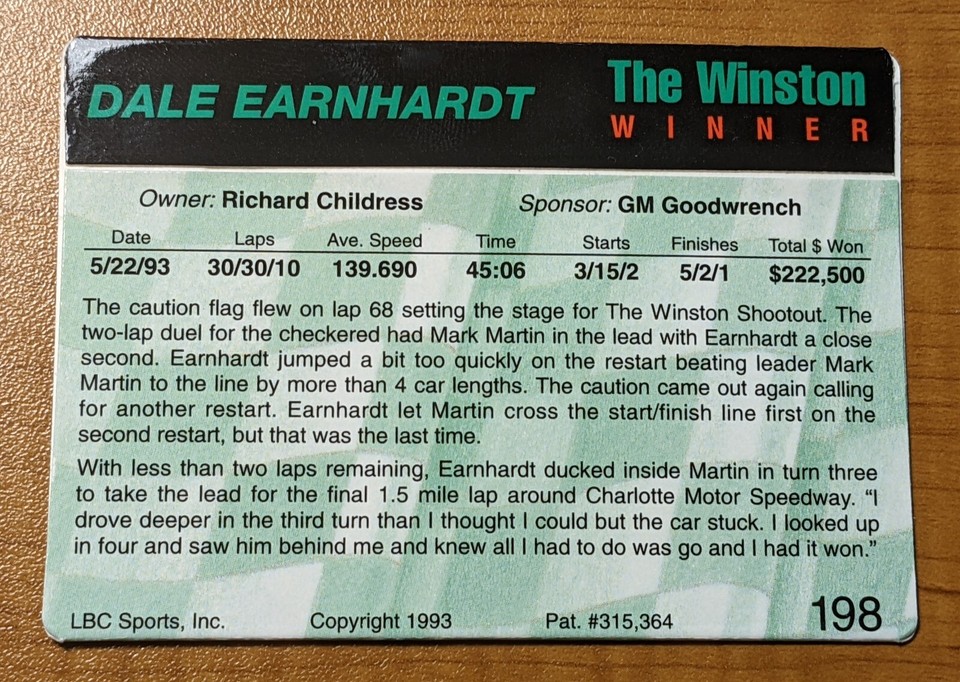 Dale Earnhardt 1993 The Winston Winner #198 NASCAR LBC Sports #3 GM ...