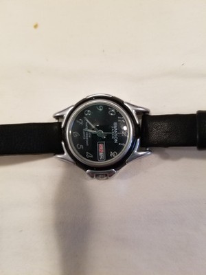 Vintage Swanson Japan Women’s Watch 28mm Silver Tone Case Black Leather ...