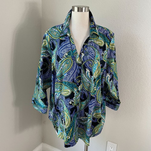 212 Collection Womens 3X Stretch Paisley Button Up Shirt 3/4 Sleeve ...