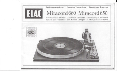 Elac Bedienungsanleitung user manual owners manual für Miracord 650 660 ...
