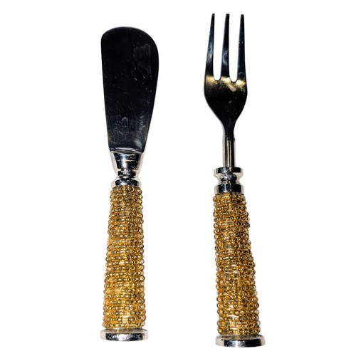 Vintage Beaded Fancy Serving Cocktail Fork and Spreader Knife Set Gold ...