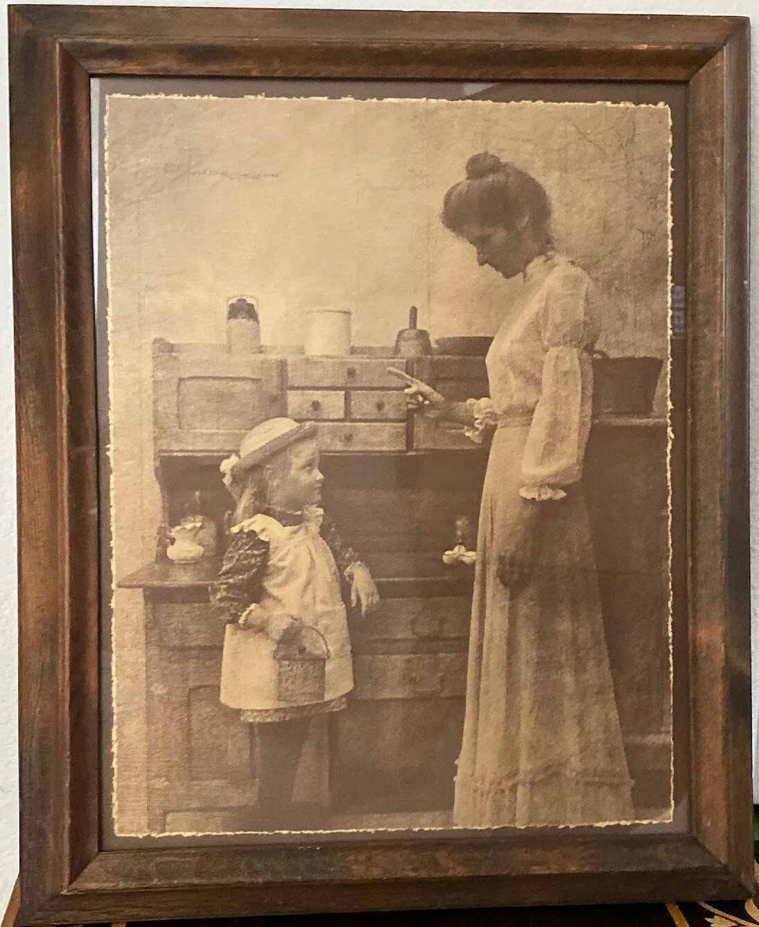 R Hendrickson Signed Vintage Sepia Art Print Wood Framed Woman Mom ...