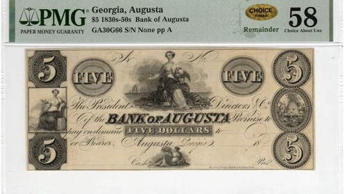 1830s-1850s $5 AUGUSTA GEORGIA Bank Note Obsolete Banknote Currency ...