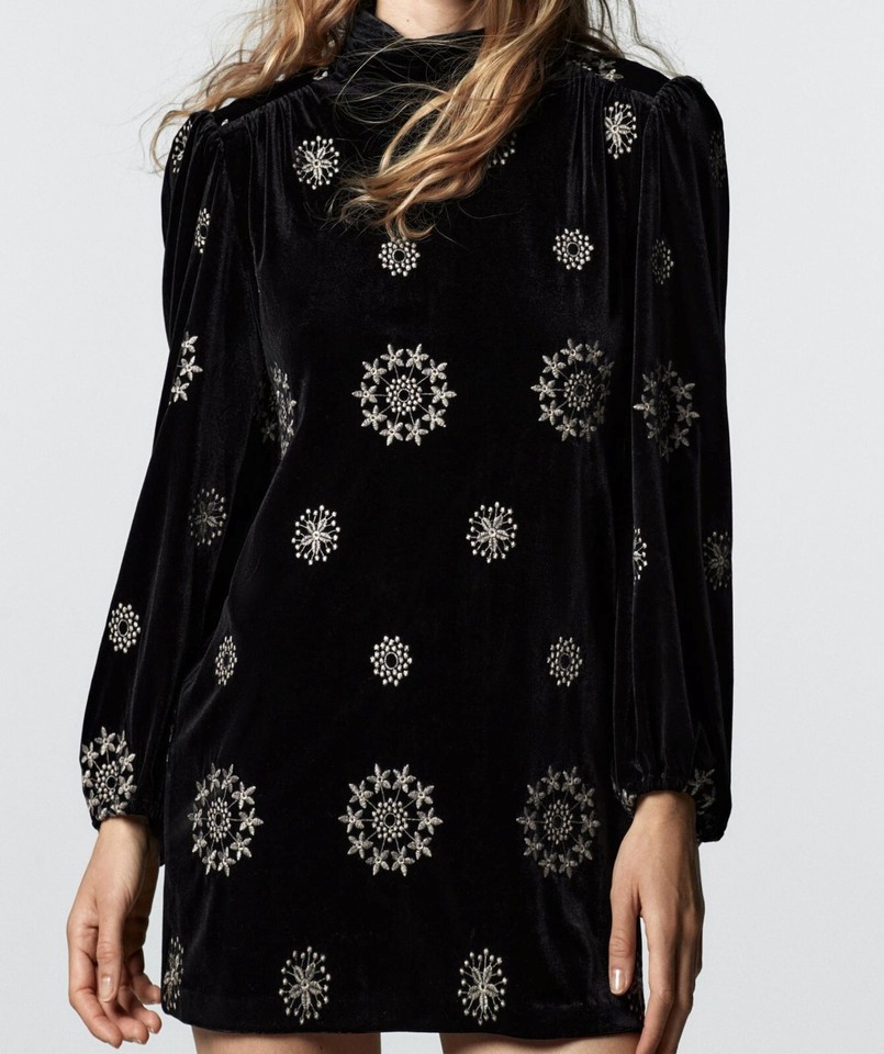 ZARA BLACK VELVET DOILY FLORAL EMBROIDERED HIGH NECK BALLOON SLEEVES ...