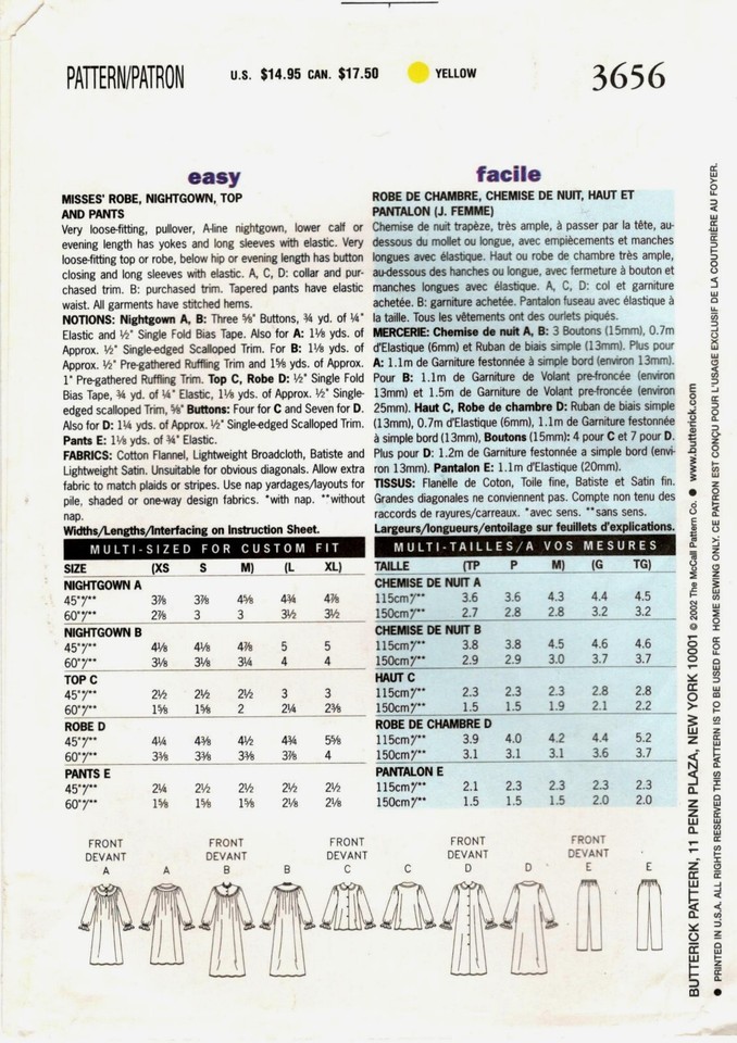 Butterick 3656 Misses Robe Nightgown Pajamas Sewing Pattern Uncut Size ...