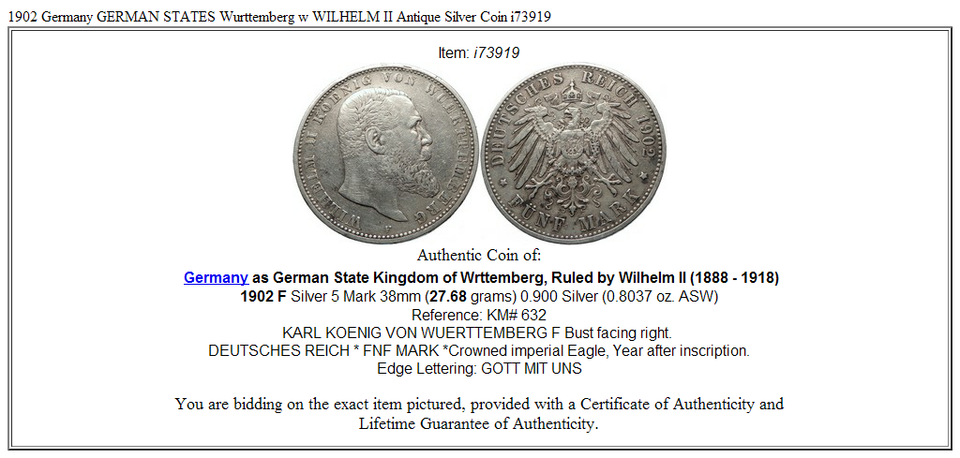 1902 Germany GERMAN STATES Wurttemberg w WILHELM II Antique Silver Coin ...