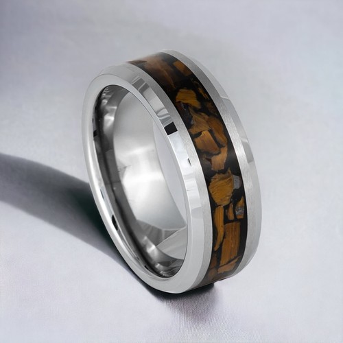 Men's Tungsten Carbide Tiger Eye Chips Inlay 8mm Engagement Wedding ...