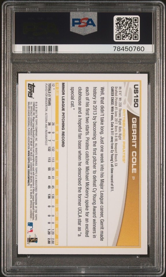 GERRIT COLE 2013 Topps Update Yellow HAT #US150 PSA 8 NM-MT RC | eBay