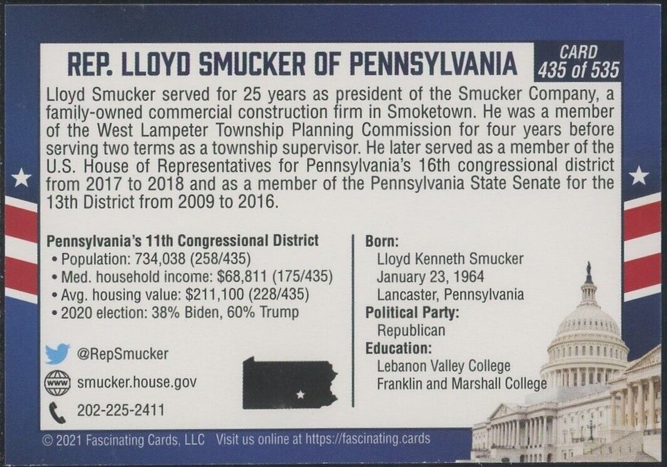 2021 Fascinating Cards 117th US Congress Lloyd Smucker Pennsylvania GOP ...