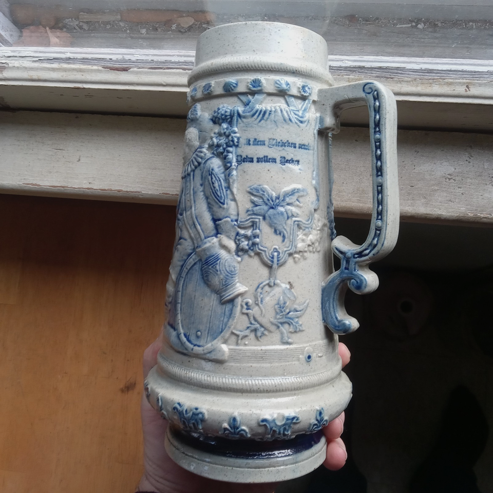 1890s WHITE'S UTICA POTTERY 10" COBALT STONEWARE STEIN WITH GERMAN ...