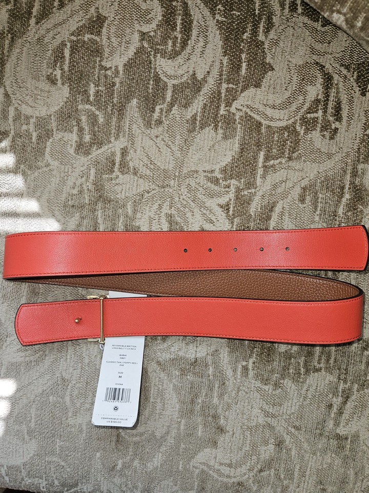 TORY BURCH Rvsb Britten Logo Belt 1.5 in. Classic Tan/ Poppy Red Size M ...