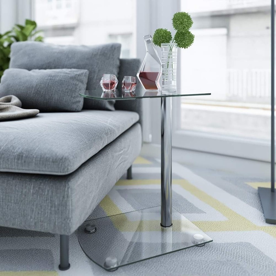 Compact C-Shaped Glass Coffee Table with Durable Stainless Steel Legs ...