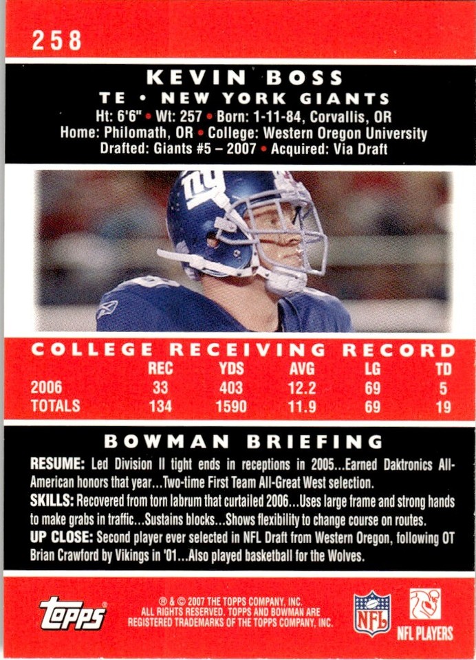 2007 Bowman Football Card Kevin Boss RC New York Giants #258 | eBay