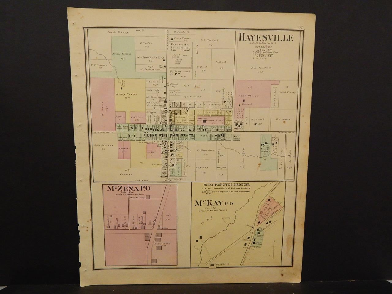 Ohio Ashland County Map Hayesville McKay McZena 1874 L9#27 | eBay