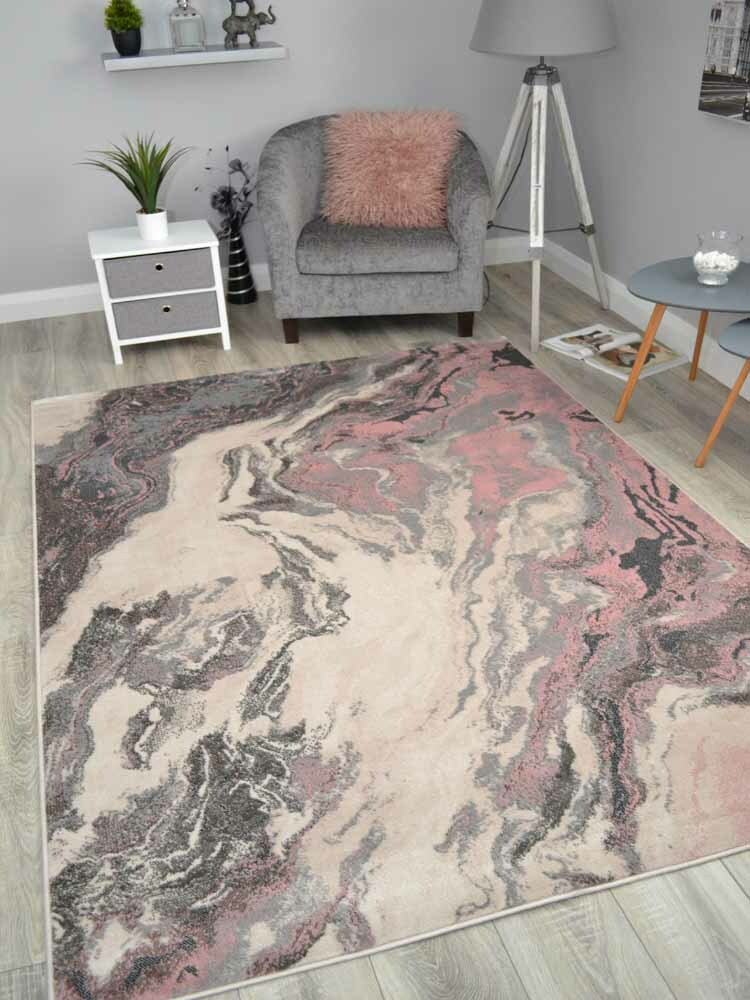 Pink Marble Effect Floor Rugs Modern Abstract Small Extra Large Soft ...