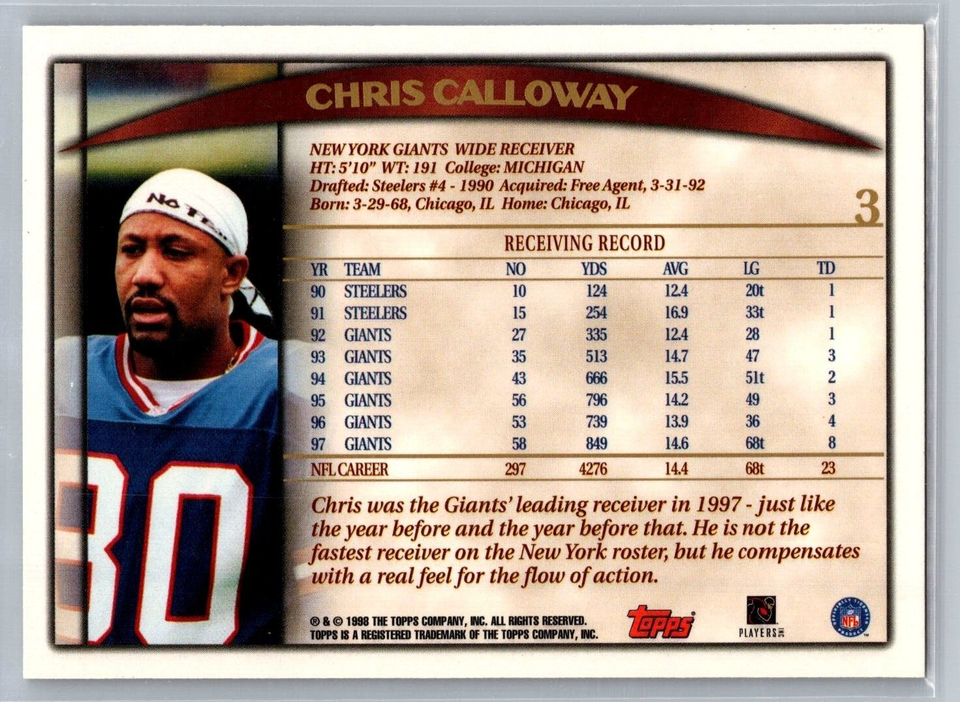 1998 TOPPS CARD # 3 Chris Calloway - New York Giants | eBay