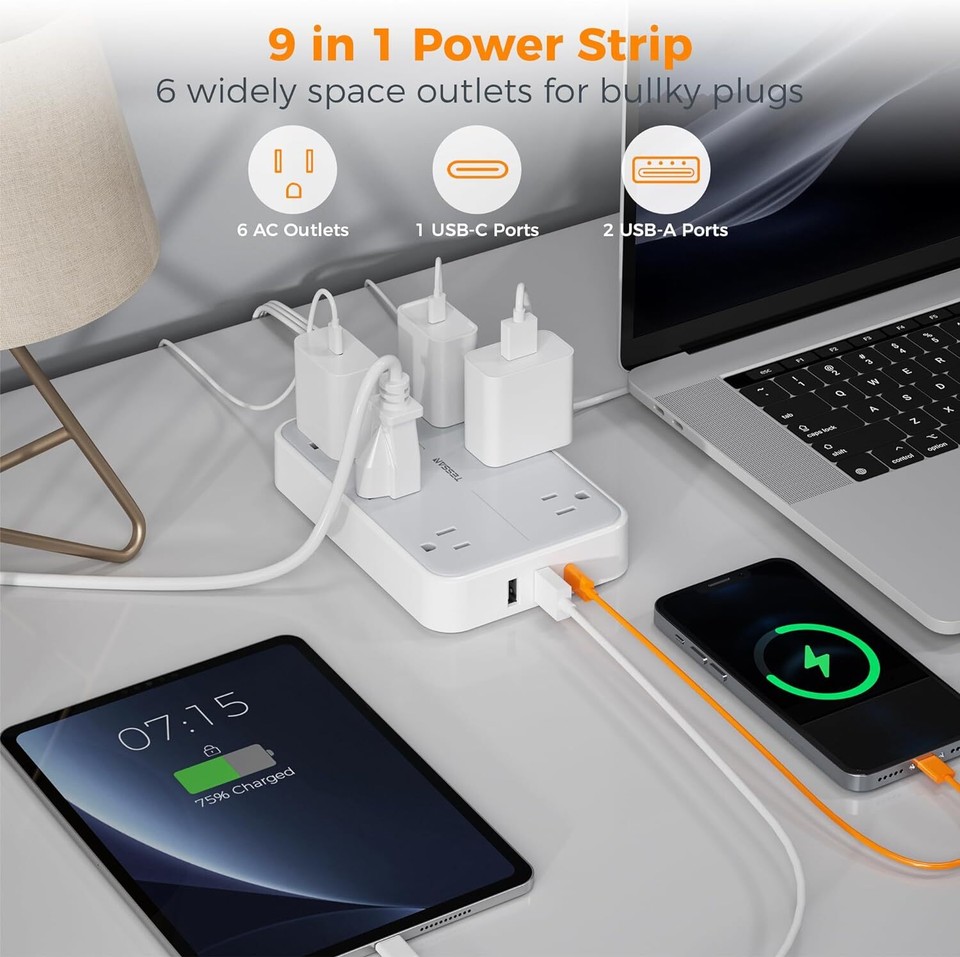 10ft Long Extension Cord Power Strip Flat Plug Ultra Thin Plug with 6 ...