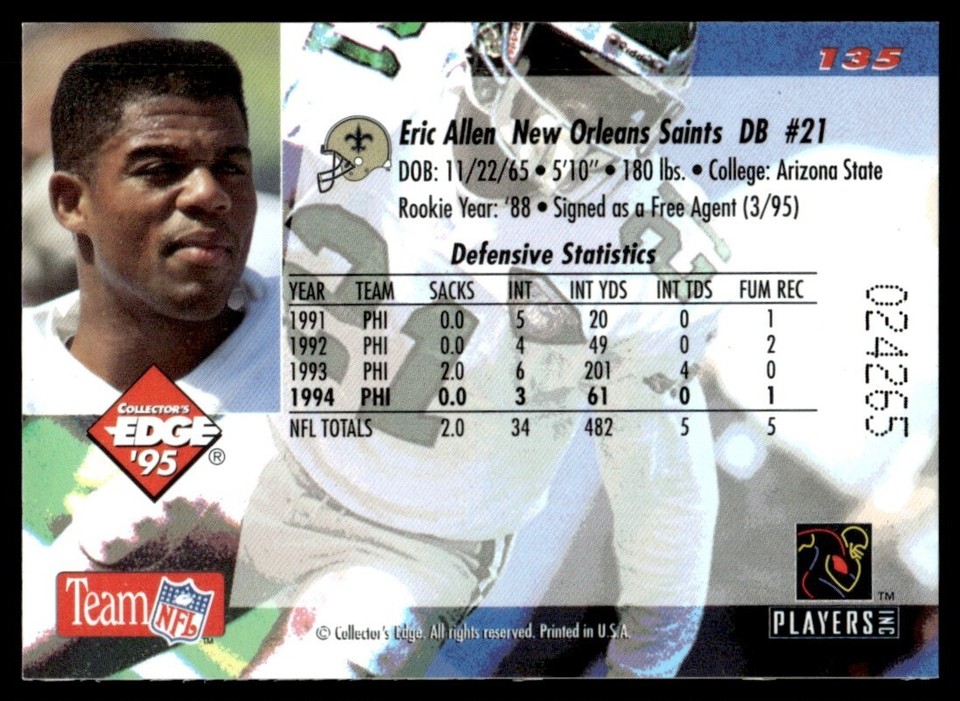 1995 Collector's Edge #135 Eric Allen New Orleans Saints | eBay