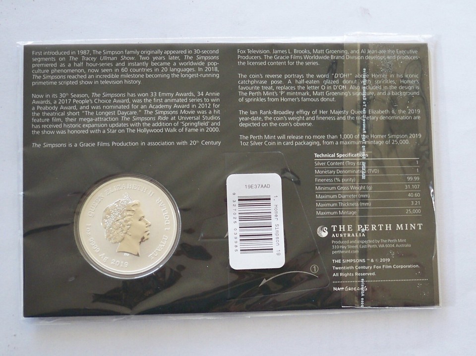2019 Tuvalu The Simpsons DOH Homer 1 Oz .9999 Silver Coin - Card Only ...