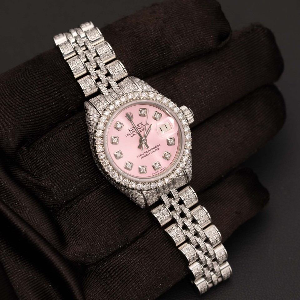 Rolex Datejust 69173 Iced Out Watch 26mm Full Diamond Jubilee Pink Dial ...