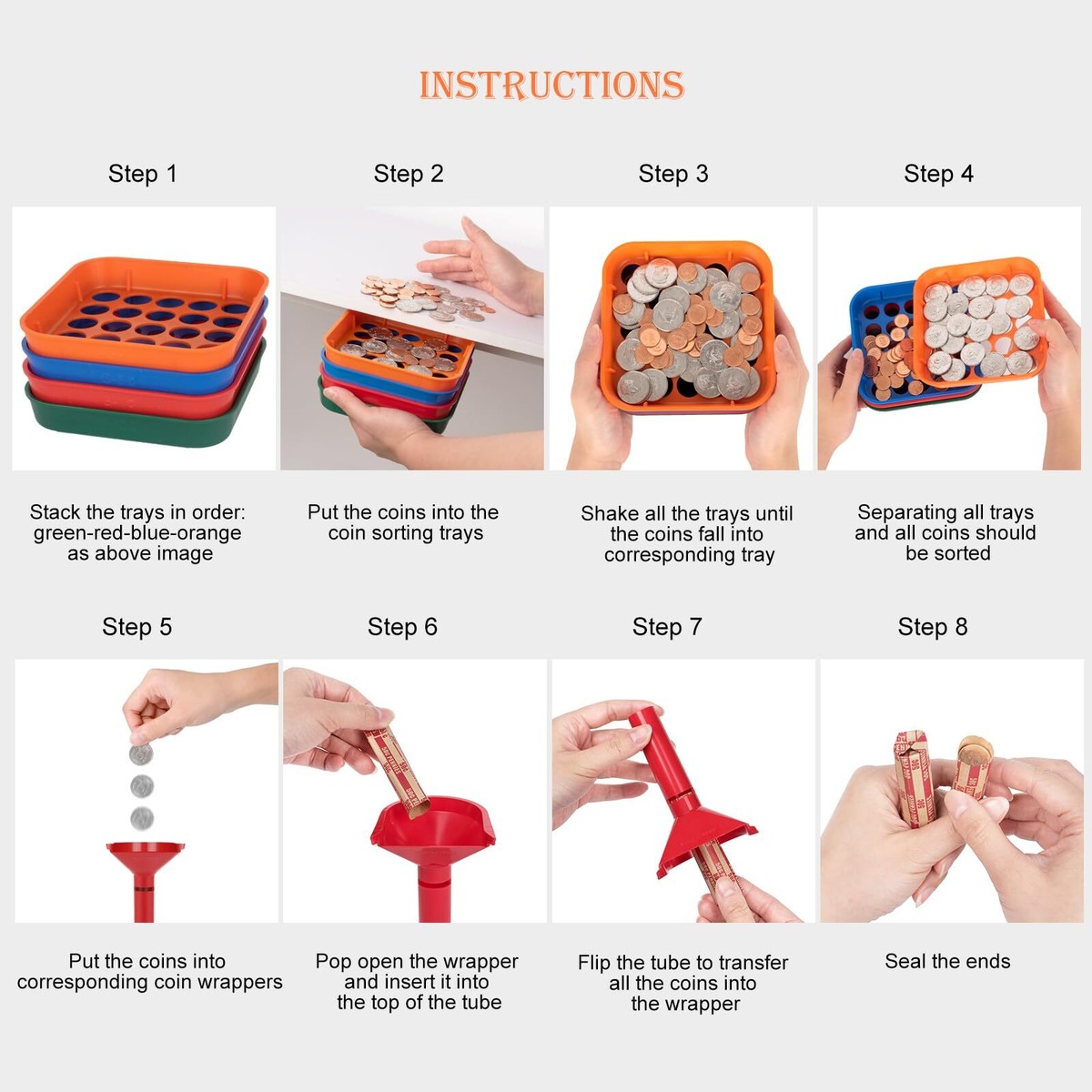 Coin Counters Tubes & Coin Sorters Tray - 4 Color-Coded Coin Sorting ...