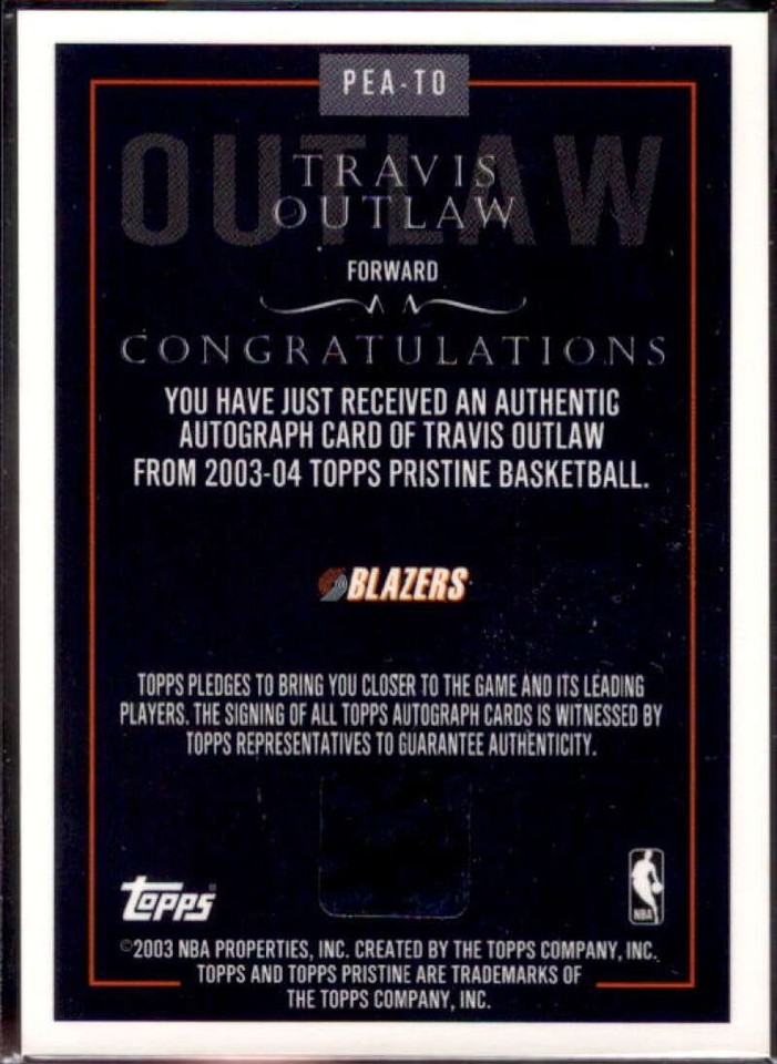 Travis Outlaw Rookie Card 2003-04 Topps Pristine Personal Endorsements ...