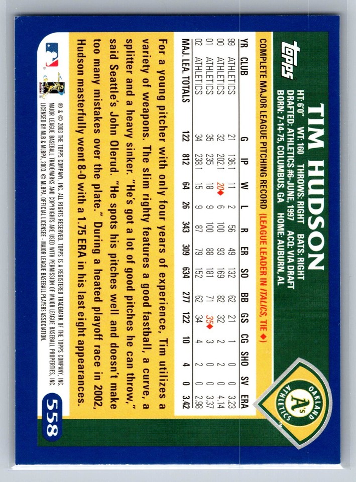 2003 Topps #558 Tim Hudson | eBay