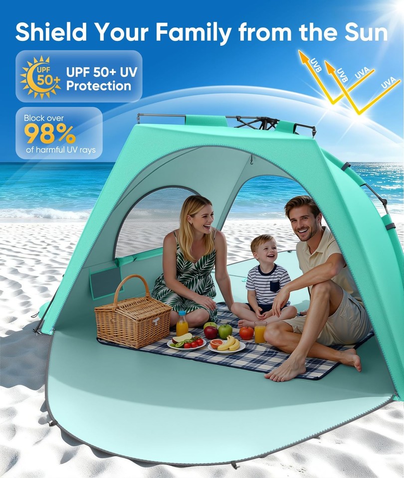 Beach Tent Sun Shelter for 3-4 Person, Pop Up Beach Canopy, UPF 30+ UV ...