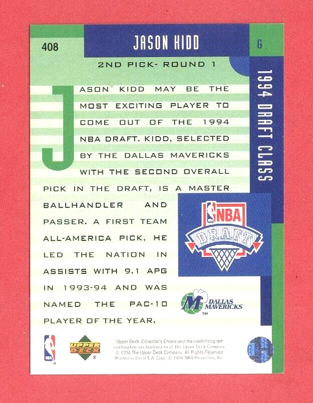 1994-95 COLLECTOR'S CHOICE Jason Kidd NBA DRAFT PICK CLASS RC CARD #408 ...