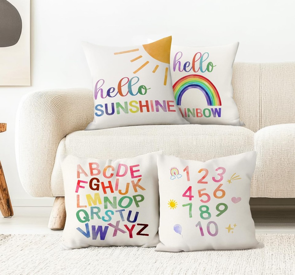 Nursery Decorative Pillow Covers,Hello Sunshine Rainbow Alphabet Throw ...