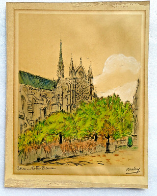 Vintage French Artist BARDAY• Painted Mezzo graph Print • Notre Dame ...