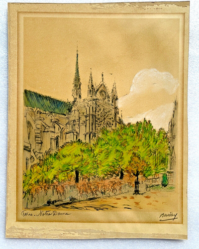 Vintage French Artist BARDAY• Painted Mezzo graph Print • Notre Dame ...