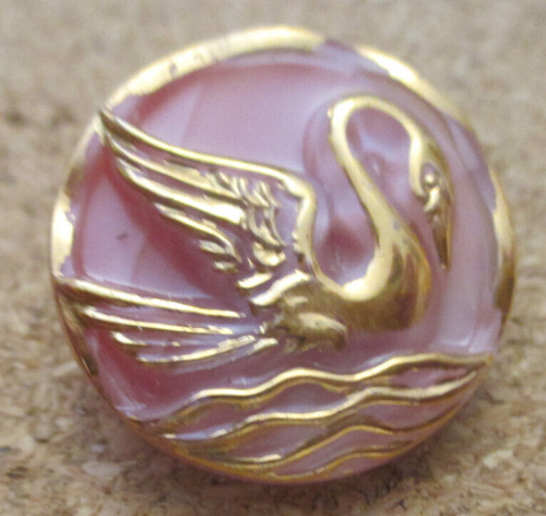 1 - Czech Glass 3D Gold Swan, Water and Border - Round Pink Button #16 ...
