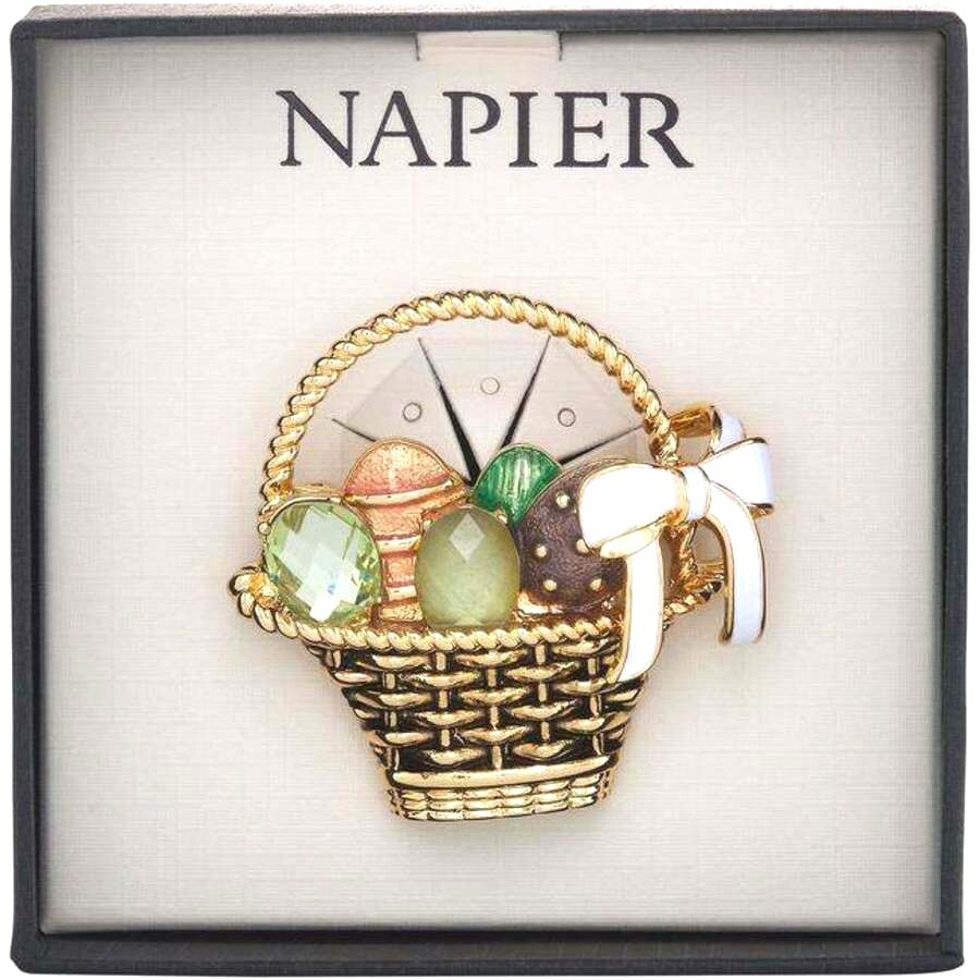 Napier Easter Basket Brooch Pin Gold Tone Jeweled Enameled Eggs Spring ...
