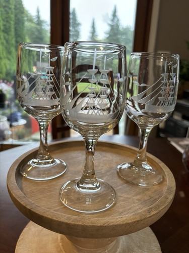 Vintage Javit Clipper Wine Glasses Set of 3 - Crystal Hand Etched 6 1/4 ...